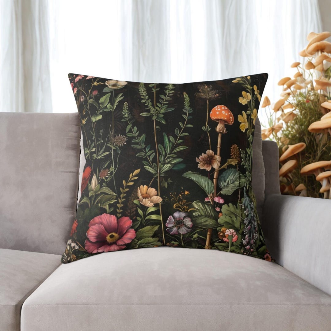 Woodland Forest Square Poly Canvas Throw Pillow, Botanical Green Funky ...
