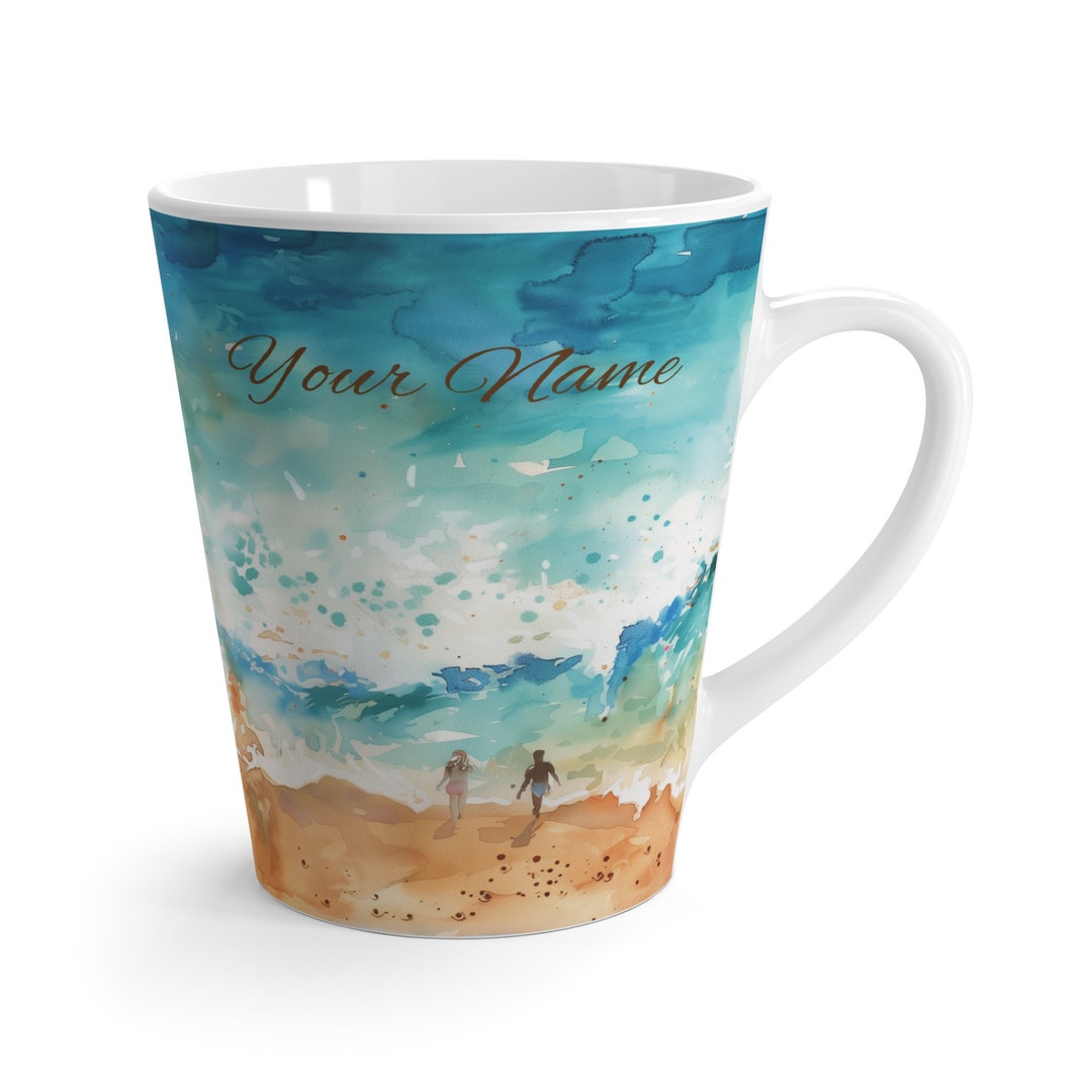 Personalized Watercolor Beach Latte Mug With Your Name, 12 OZ, Artistic ...