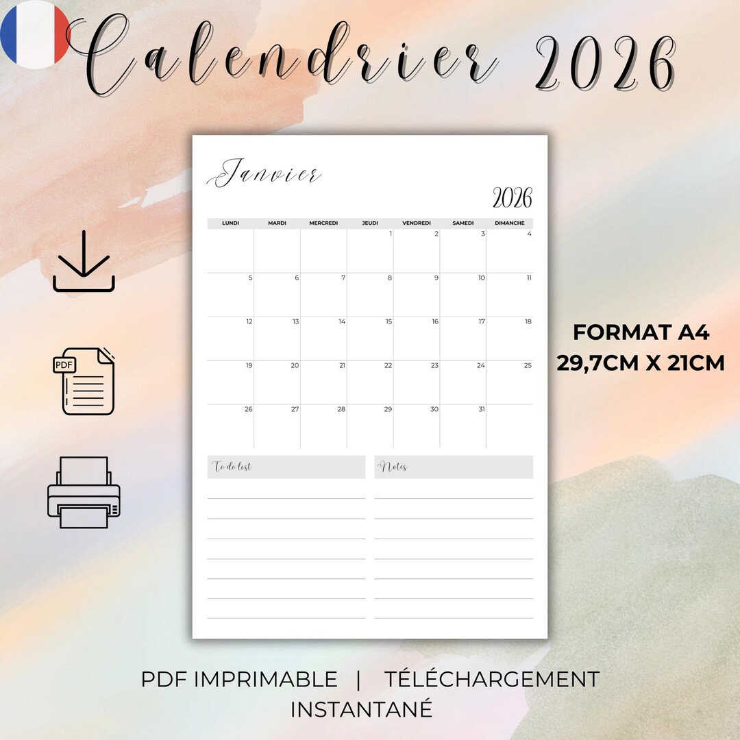2026 Printable Calendar, Monthly Calendar in French, A4 Format, 12-page ...