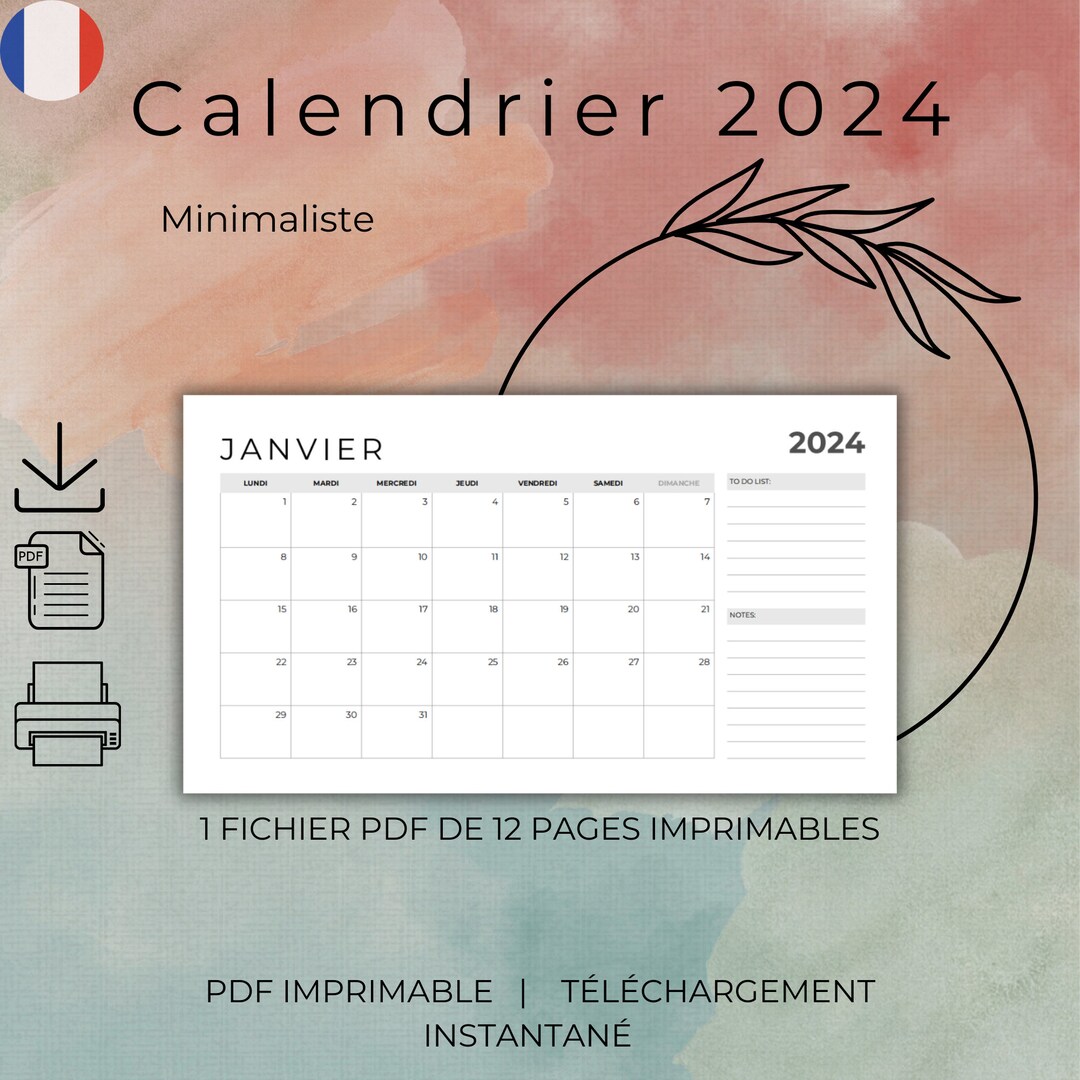 2024 Calendar to Print, Monthly Calendar in French, A4 Format, 12-page ...