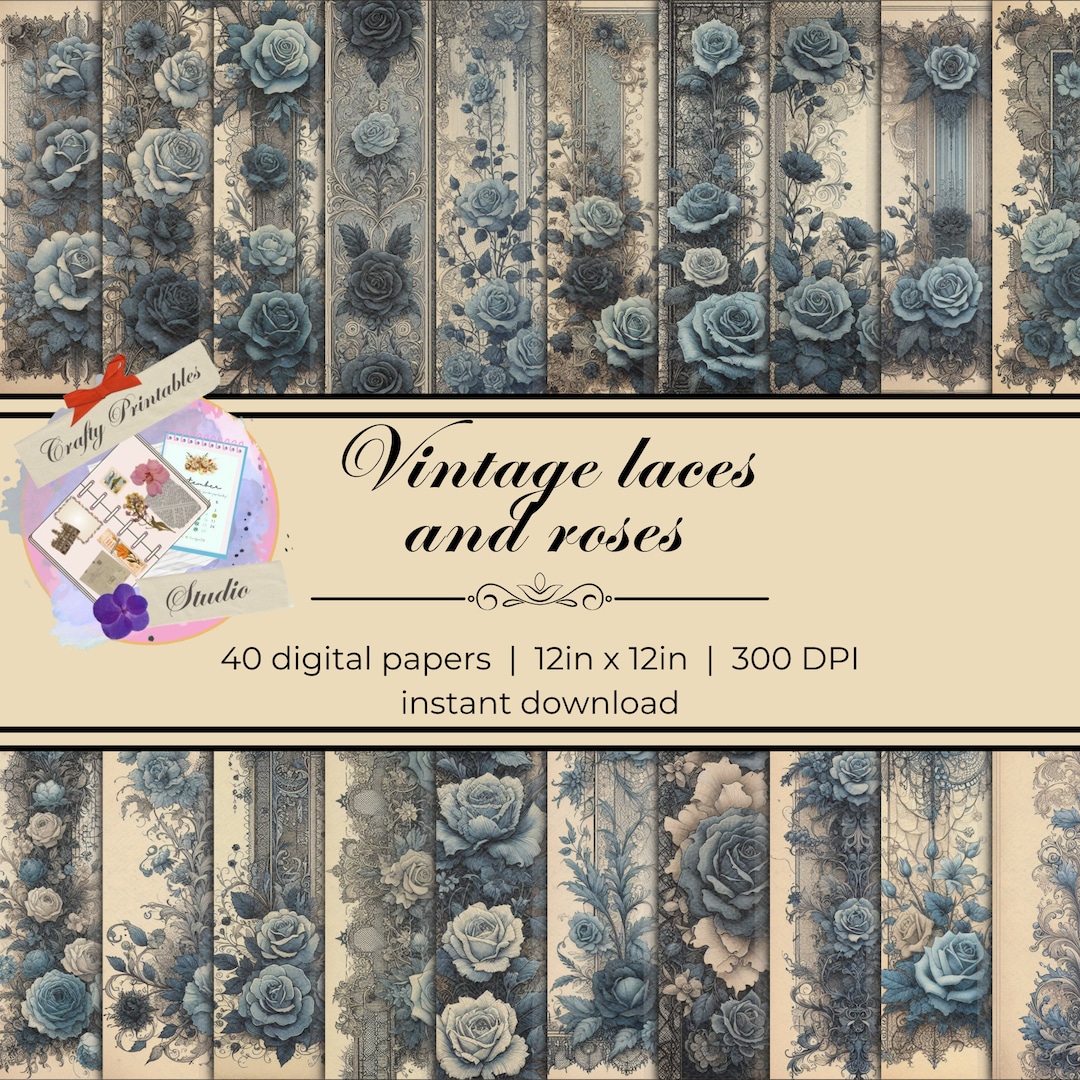 Vintage Lace and Roses Digital Paper, Vintage Blue Paper, Scrapbooking ...