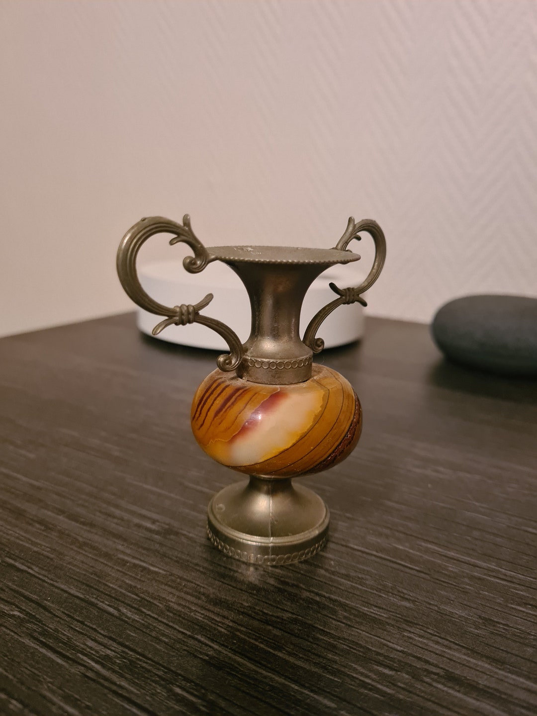 Vintage Vase in Brown Marble and Metal, Mini Amphora, Mini Trophy - Etsy