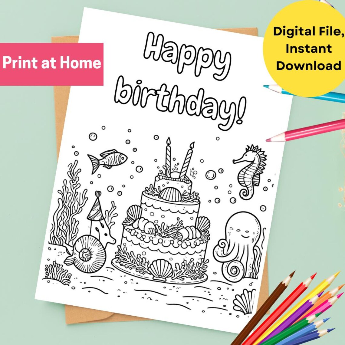 Printable Colorable Birthday Card for Kids, Underwater Birthday Bash ...