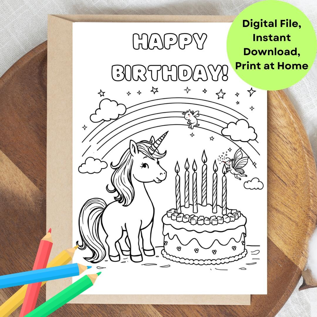 Colorable Birthday Card for Kids, Cute Printable Unicorn Birthday Card ...