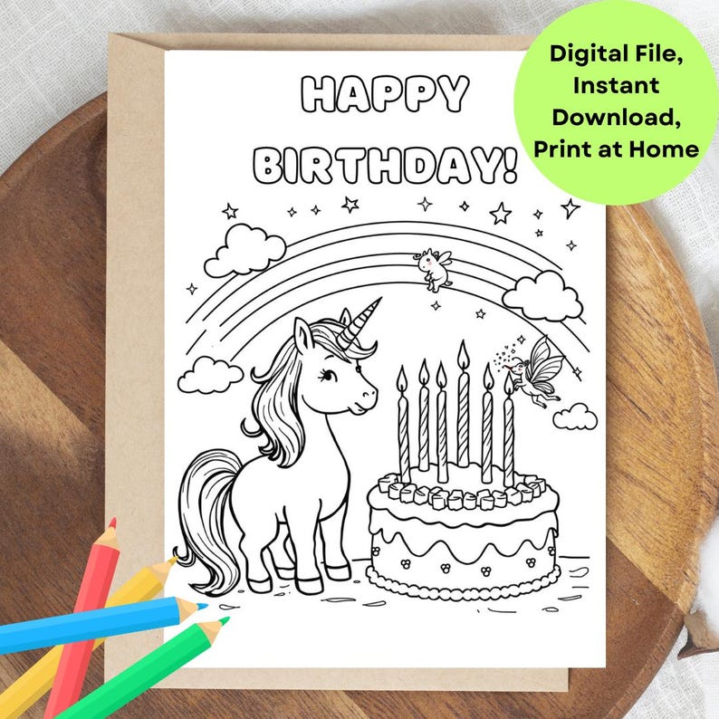 Colorable Birthday Card for Kids, Cute Printable Unicorn Birthday Card ...