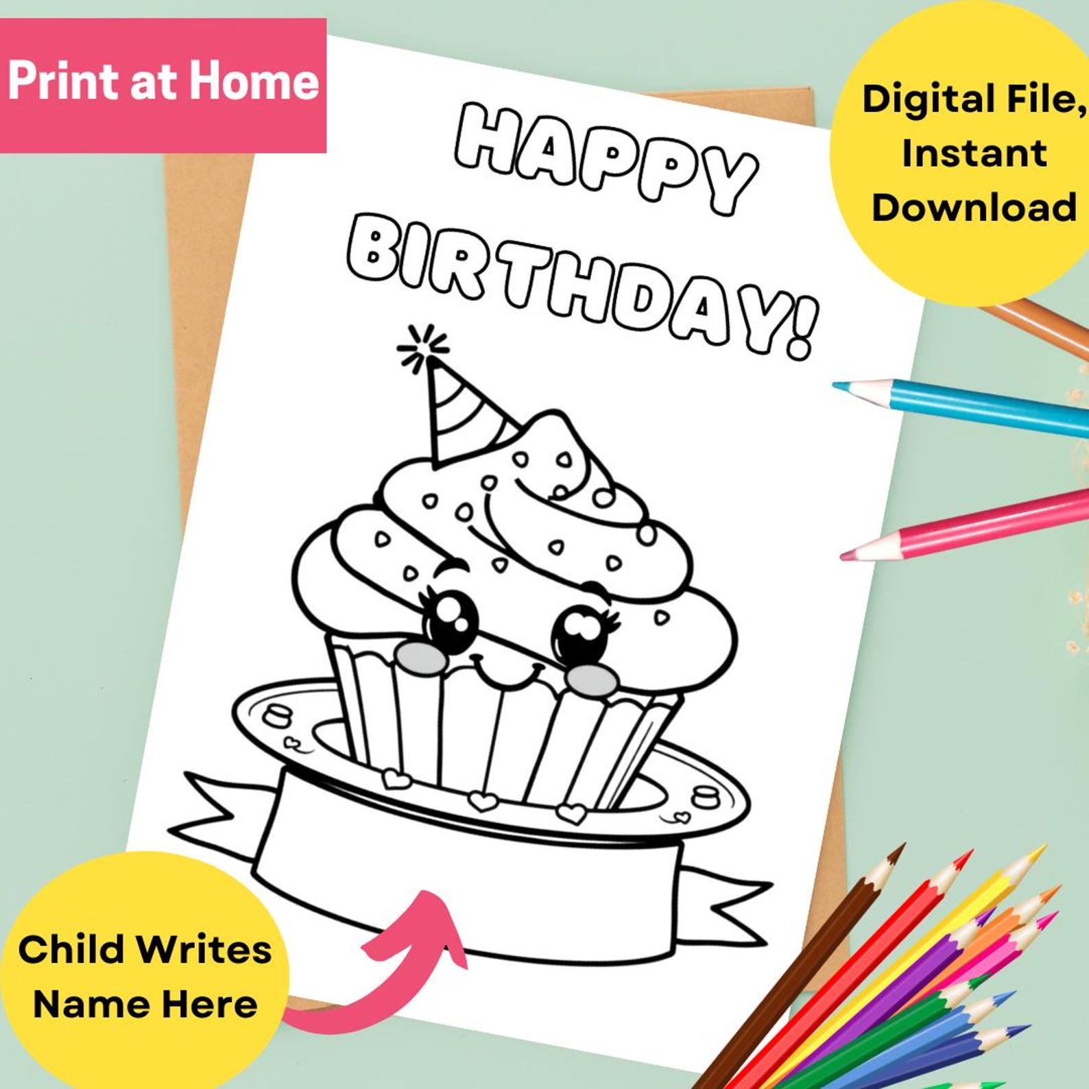 Kids Printable Coloring Birthday Card, Colorable Birthday Card, Cute ...