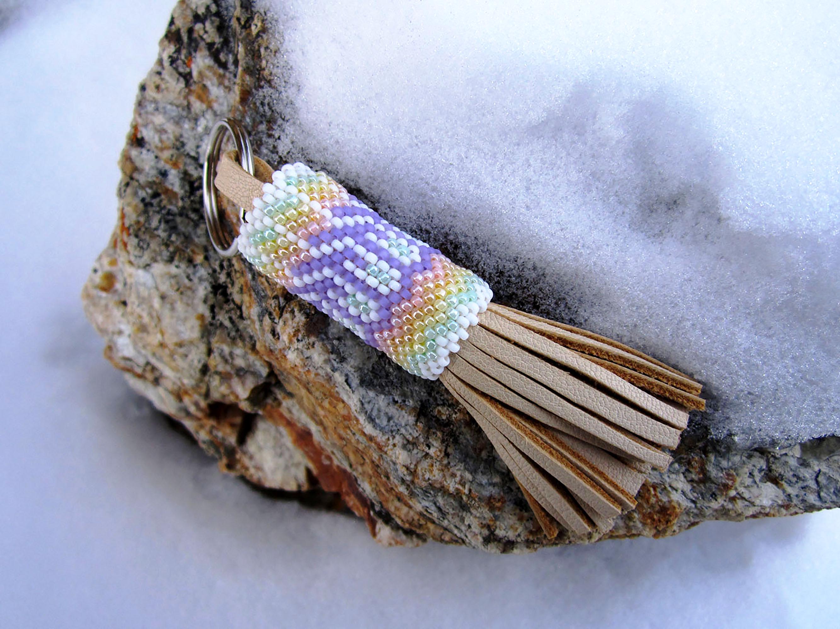 Pastel Peyote Stitch Key Ring - Seed Beaded Deerskin Key Fob - Key ...
