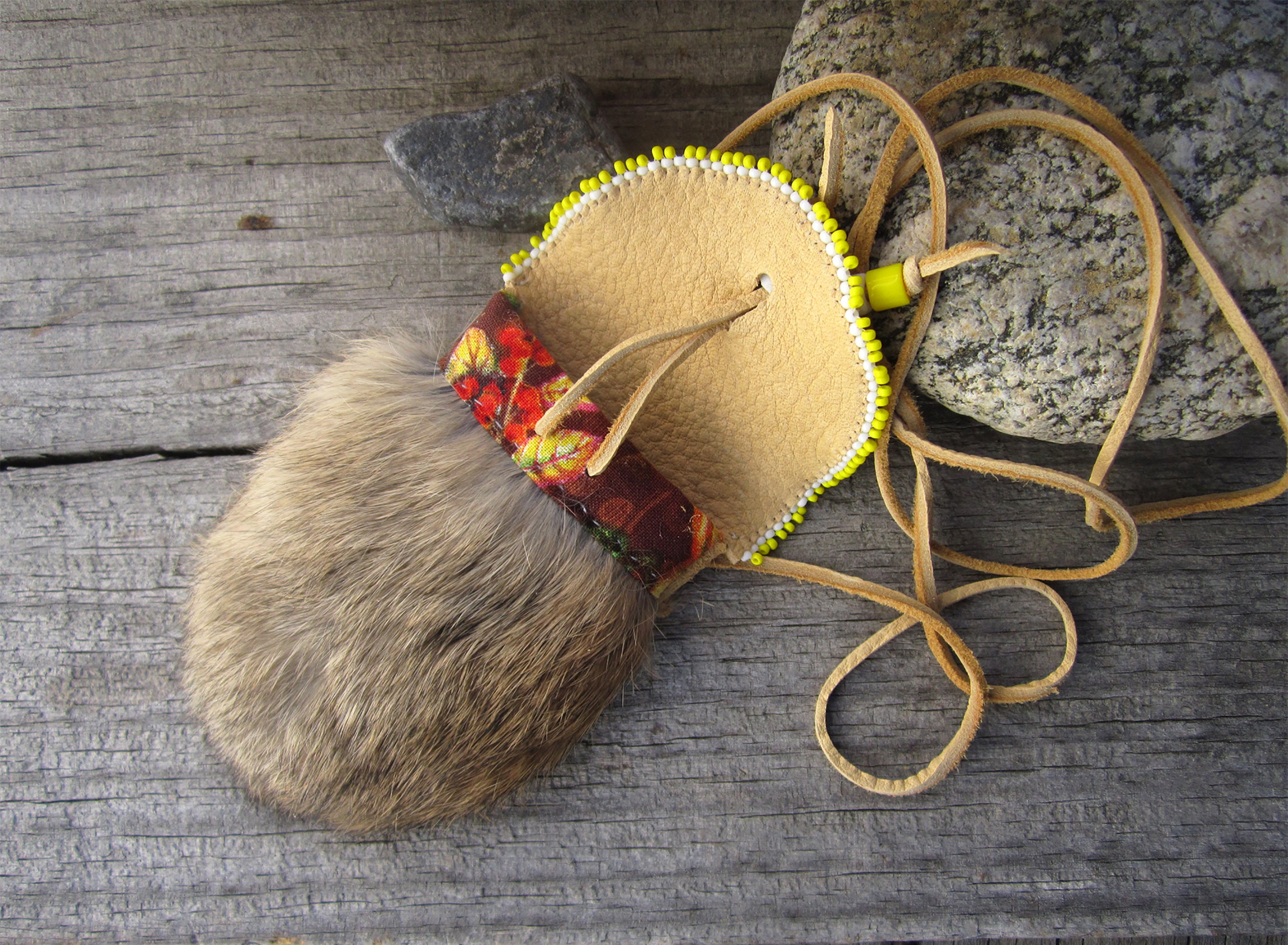 Small Beaded Rabbit Fur Pouch Yellow Seed Beaded Deerskin Neck Bag 1 - Etsy