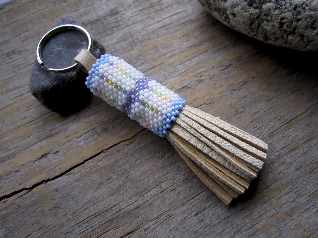 Pastel Peyote Stitch Key Ring - Seed Beaded Deerskin Key Fob - Key ...