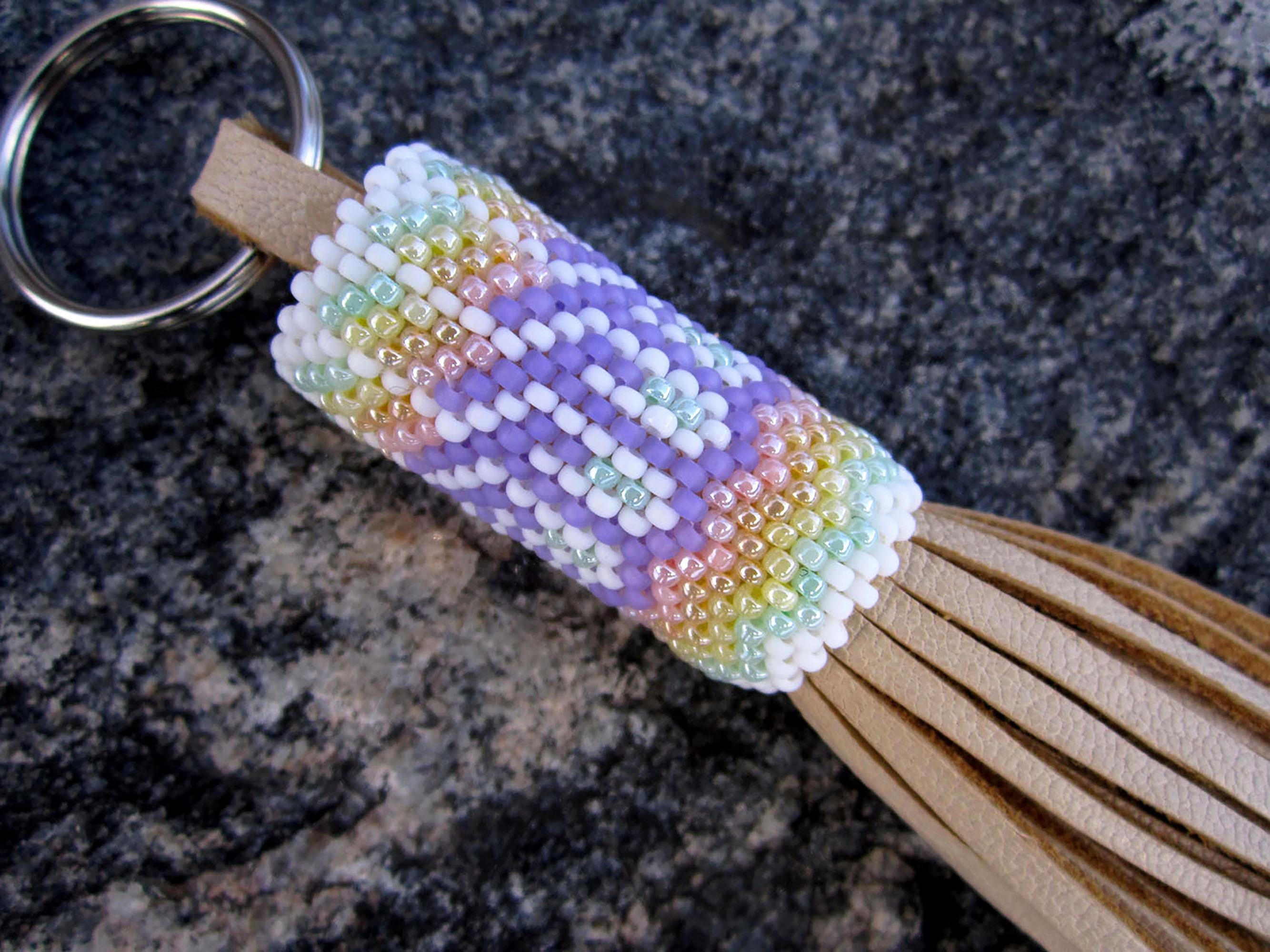 Pastel Peyote Stitch Key Ring - Seed Beaded Deerskin Key Fob - Key ...