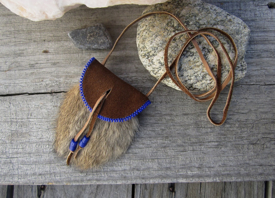 Small Beaded Rabbit Fur Pouch Cobalt Blue Seed Beaded Chocolate Leather ...