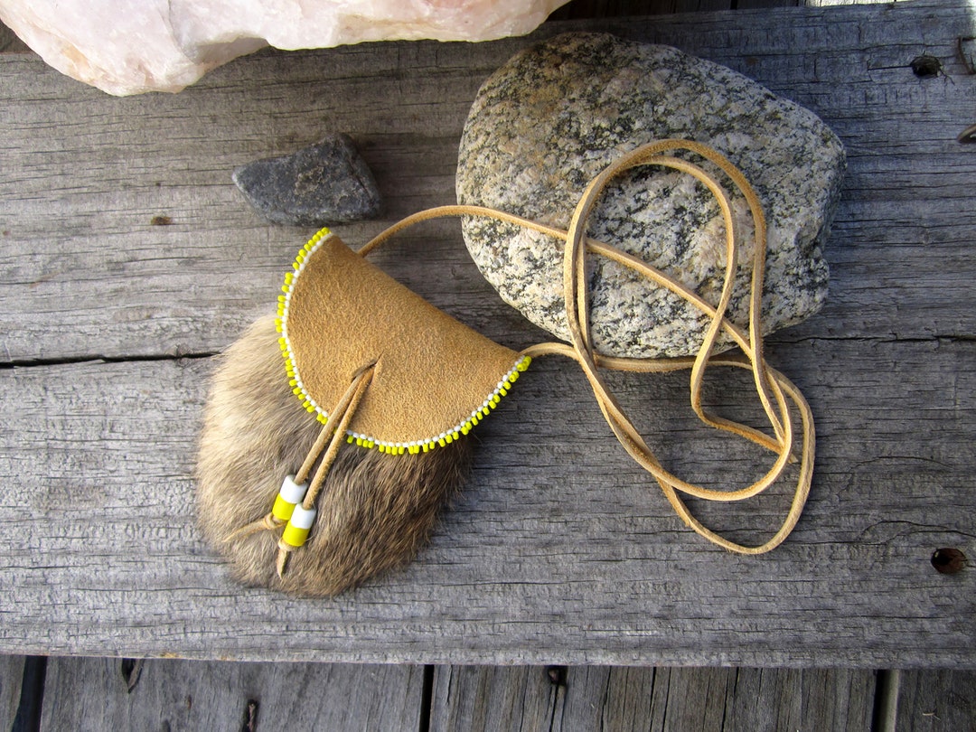 Small Beaded Rabbit Fur Pouch Yellow Seed Beaded Deerskin Neck Bag 1 - Etsy