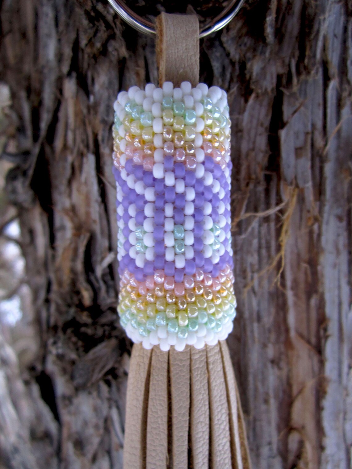 Pastel Peyote Stitch Key Ring - Seed Beaded Deerskin Key Fob - Key ...