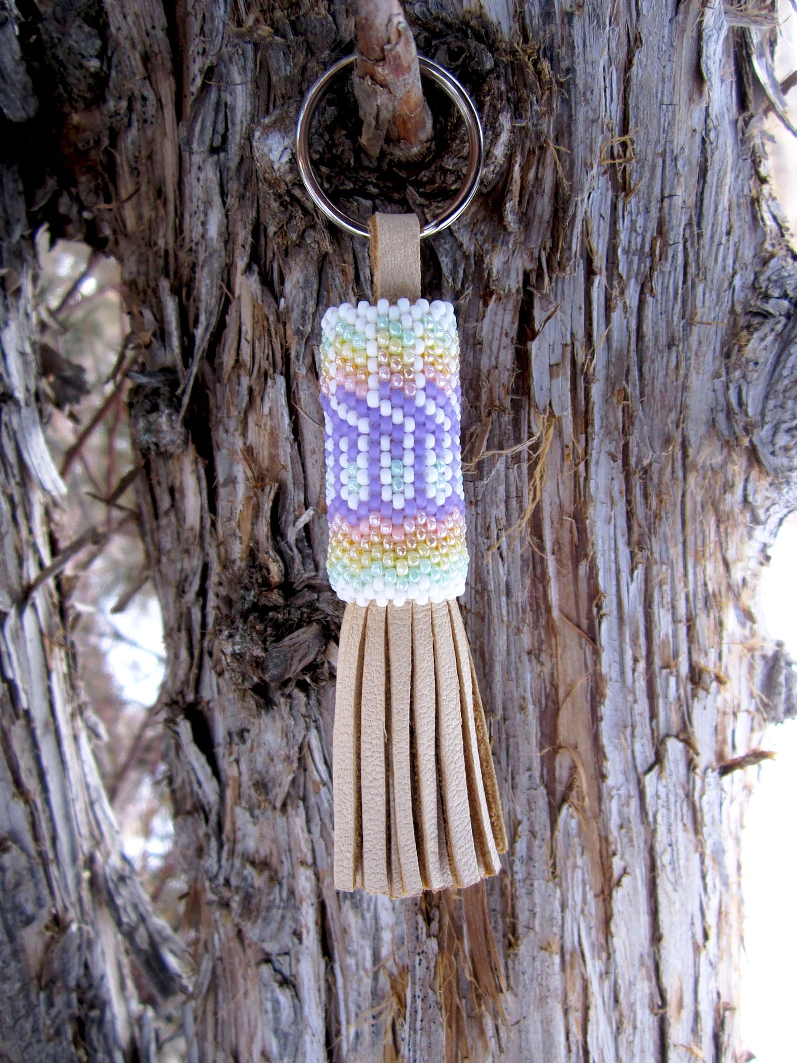 Pastel Peyote Stitch Key Ring - Seed Beaded Deerskin Key Fob - Key ...
