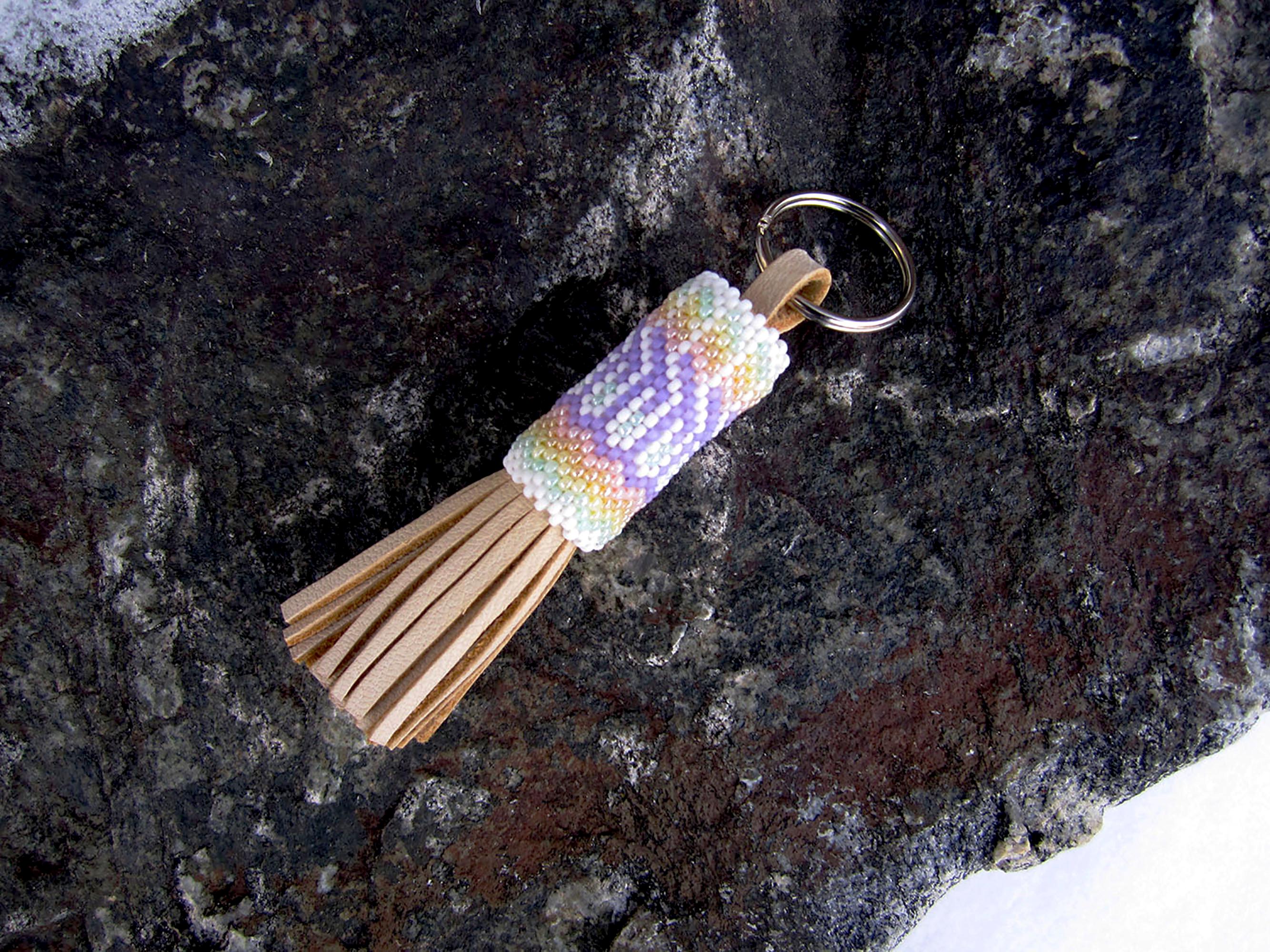Pastel Peyote Stitch Key Ring - Seed Beaded Deerskin Key Fob - Key ...