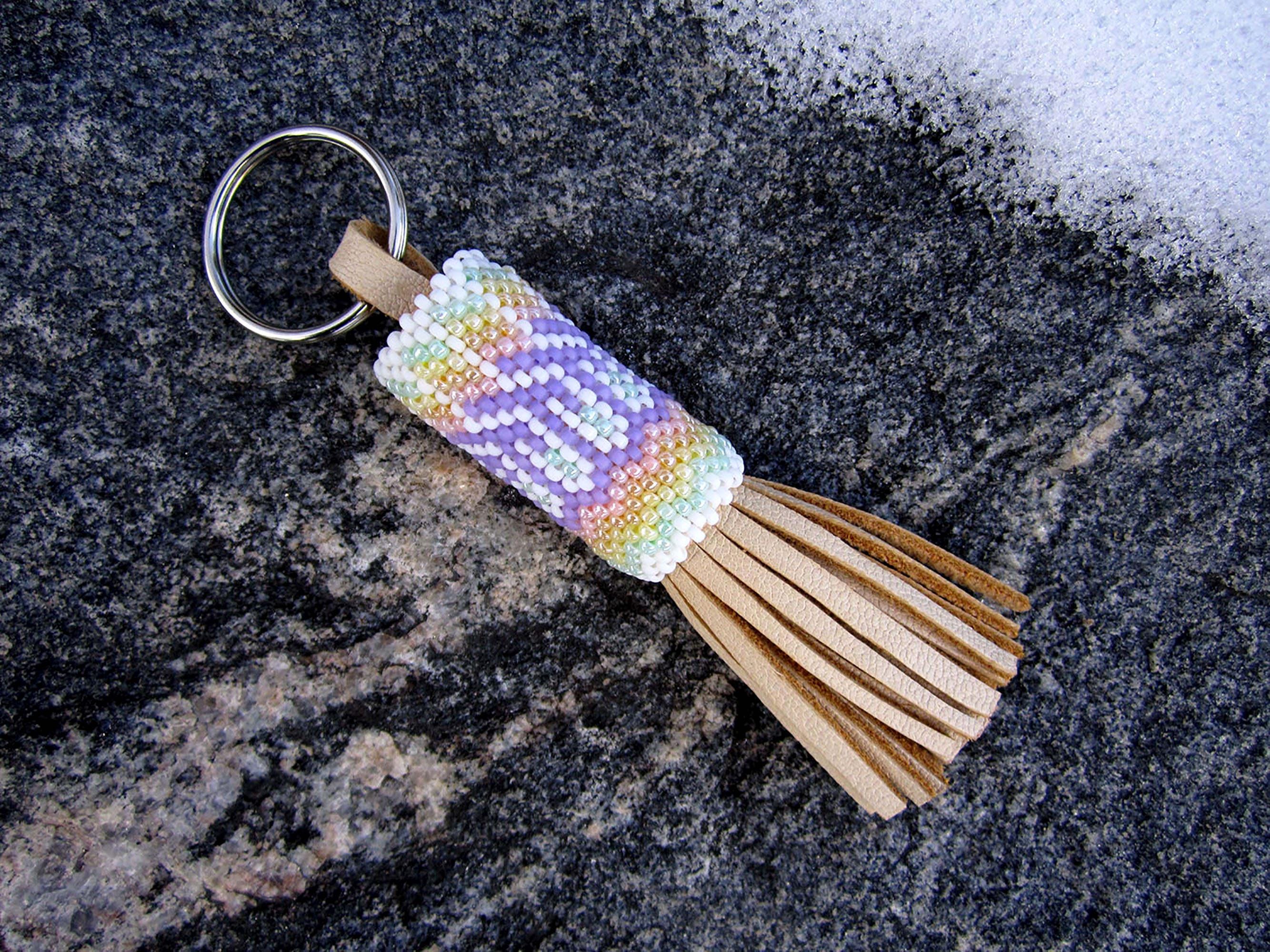 Pastel Peyote Stitch Key Ring - Seed Beaded Deerskin Key Fob - Key ...
