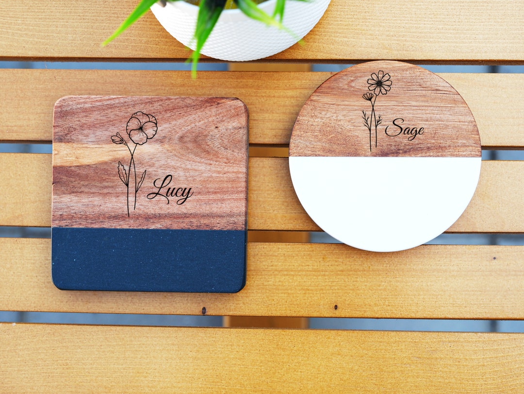 Custom Resin Birth Flower Coaster, Marble Name Coaster, Flower Engraved ...