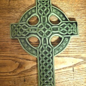 Handmade Ceramic Green Glazed Irish Celtic Cross Crucifix 9 Inches Wall ...