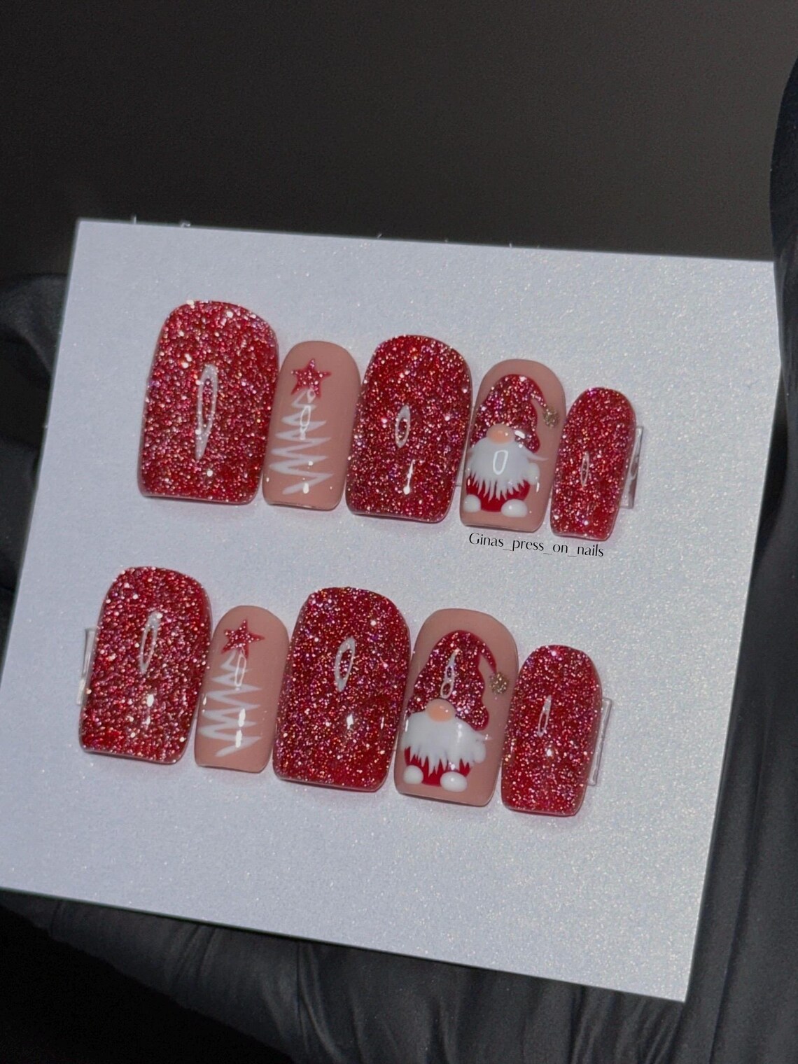 4 cozy Christmas Red Sparkly Gonk/gnome Medium Square Nails Custom Hand ...