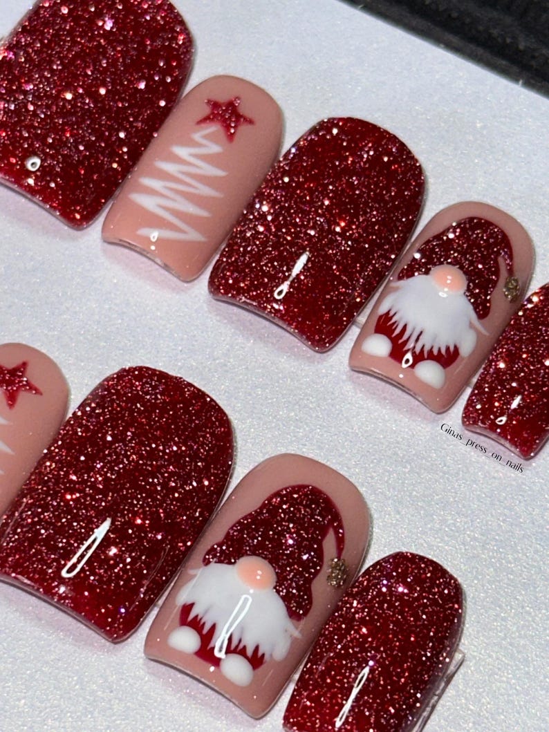 4 cozy Christmas Red Sparkly Gonk/gnome Medium Square Nails Custom Hand ...