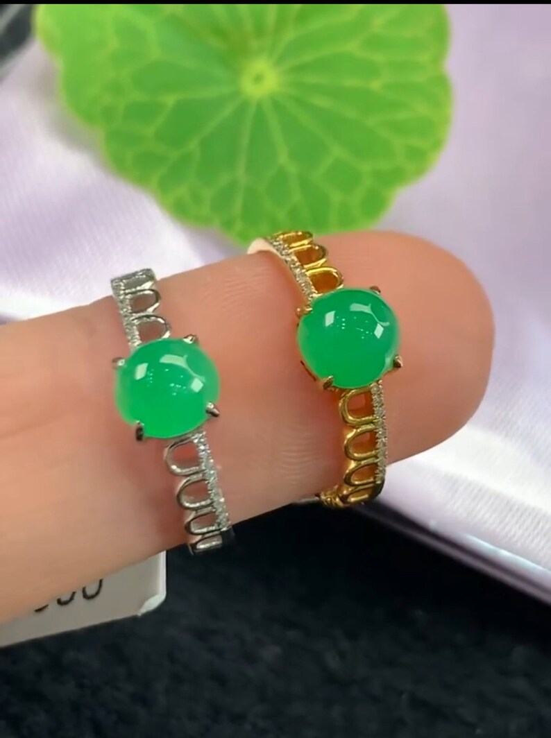 2 Pcs Natural Jadeite Jade 100% 18K Inlaid Gold Full Green Ring Sets ...