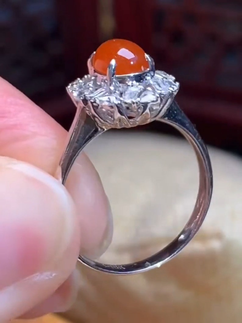 100% Natural Jadeite Jade 18K Inlaid Gold Full Red Ring Beautiful Delicate Design Jewelry Mather ...