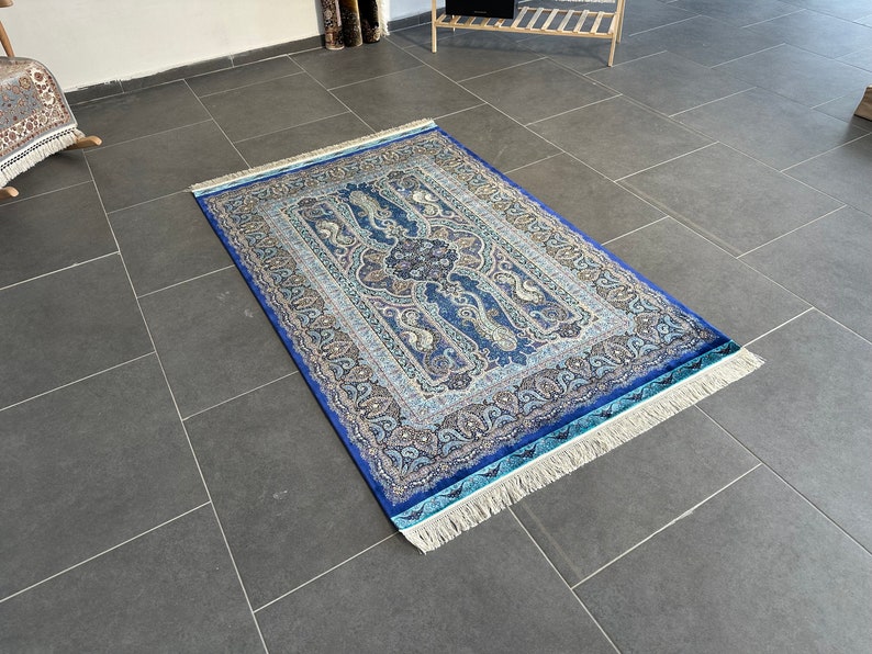Blue Unique Silk Rug/ Blue Persian Silk Luxury Carpet/ Rug 4X6/ High ...