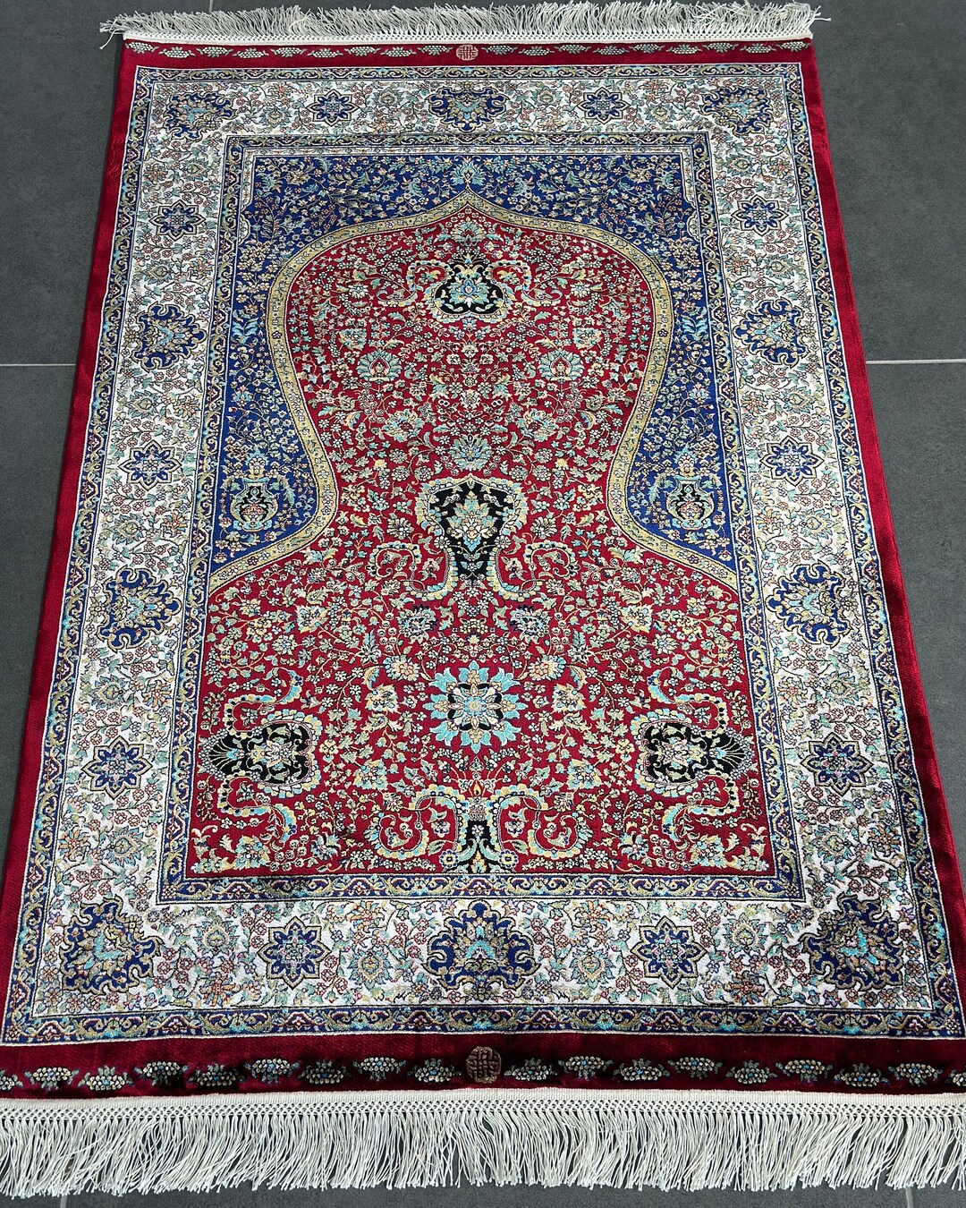 Red Silk Prayer Mat, Luxury Bamboo Prayer Carpet, Gift Mat, Janamaz Mat ...