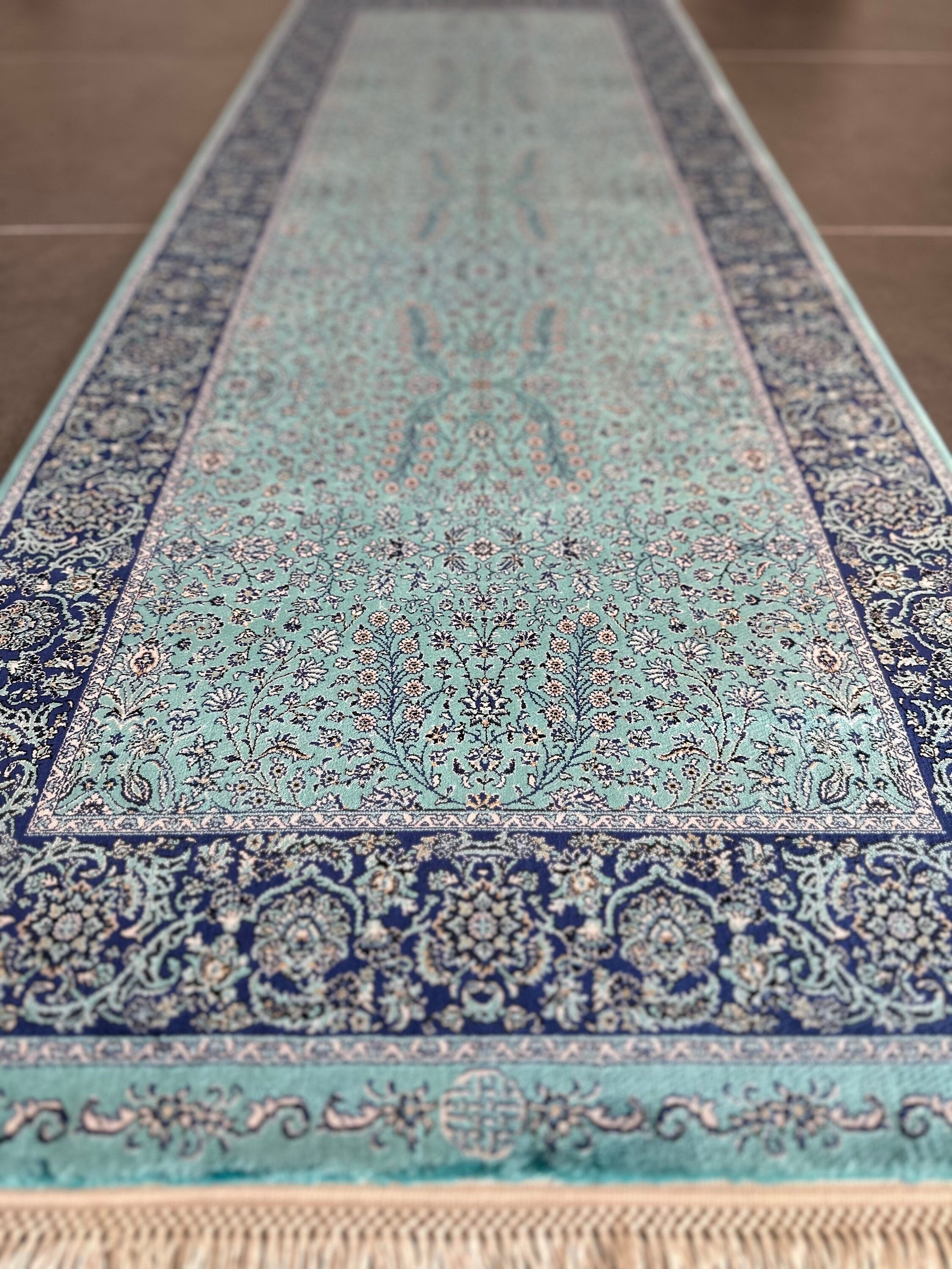 Turquoise Runner Silk Rug/ Luxury Home Gift/ Minimalist Rug/ Blue ...