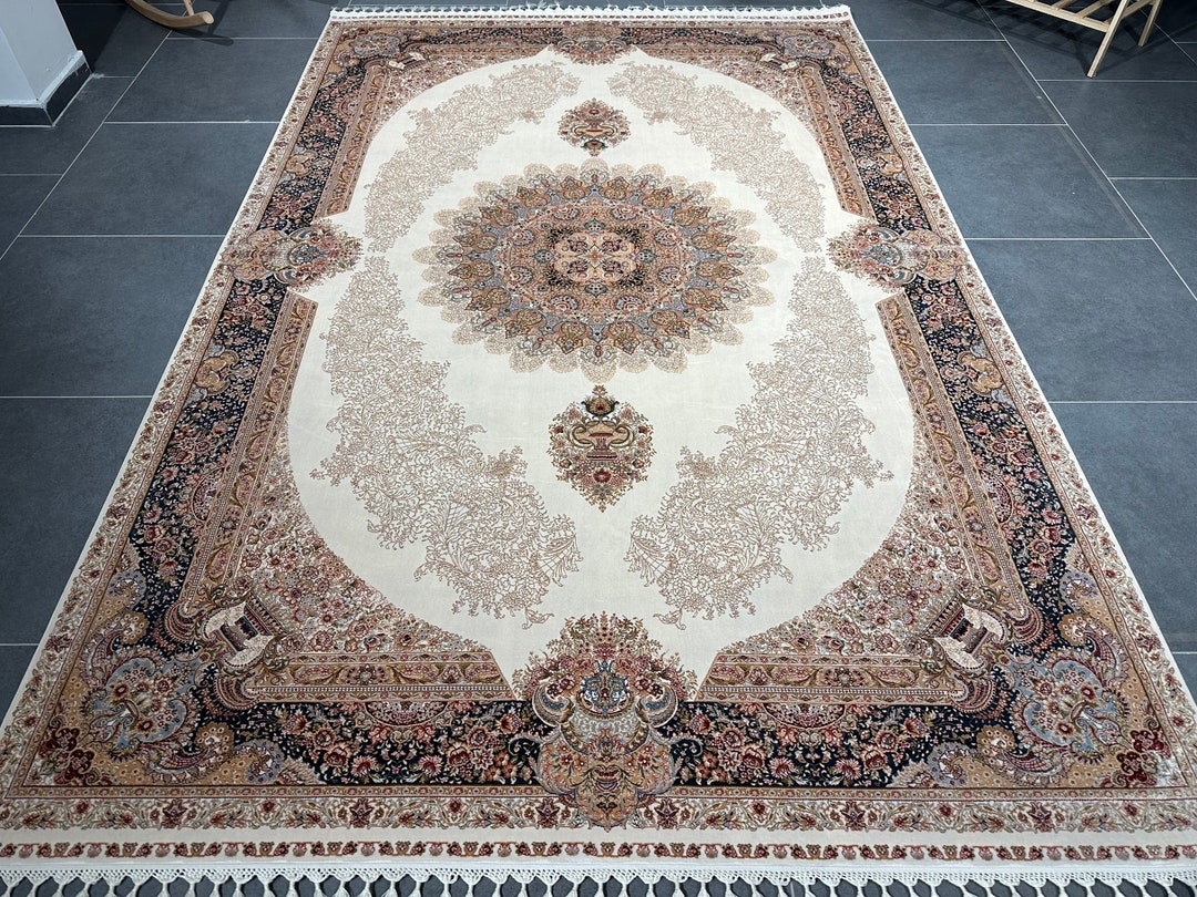 7x10 Beige Blue Persian Silk Rug/ Living Room Carpet/ Unique Silk Rug ...