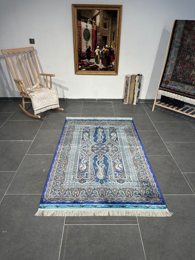 Blue Unique Silk Rug/ Blue Persian Silk Luxury Carpet/ Rug 4X6/ High ...