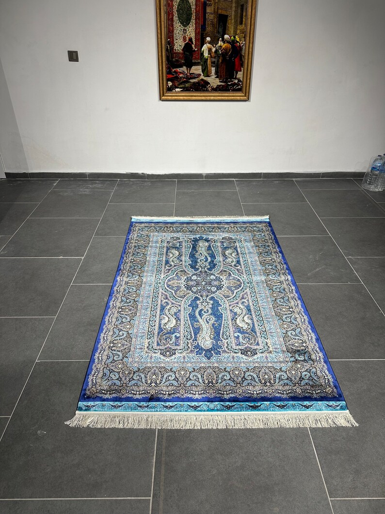 Blue Unique Silk Rug/ Blue Persian Silk Luxury Carpet/ Rug 4X6/ High ...