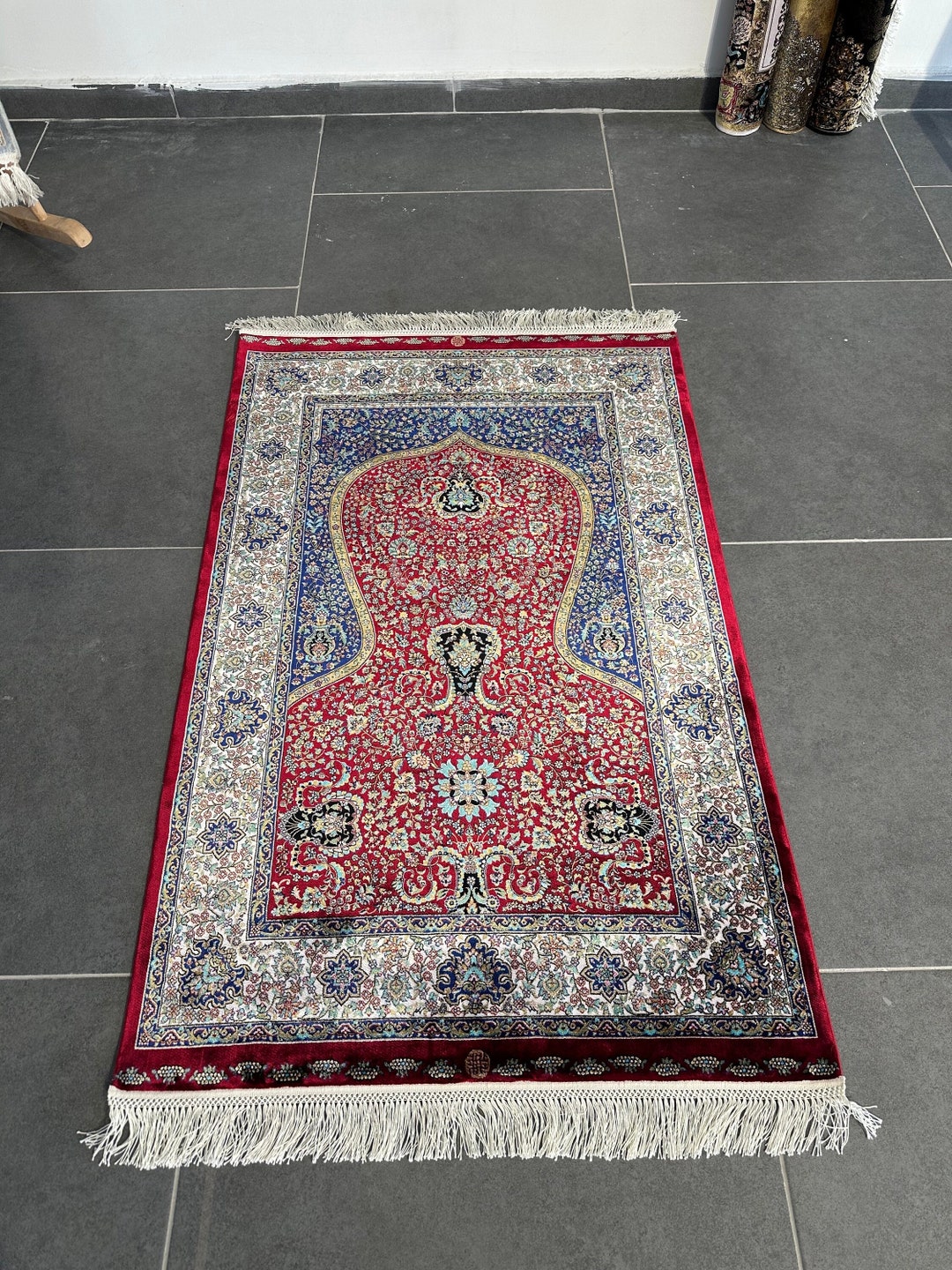 Red Silk Prayer Mat, Luxury Bamboo Prayer Carpet, Gift Mat, Janamaz Mat ...