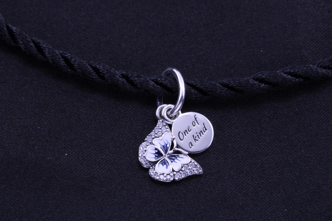 NEW Pandora Blue Butterfly & Quote Double Dangle Charm W/ Threaded Rope ...