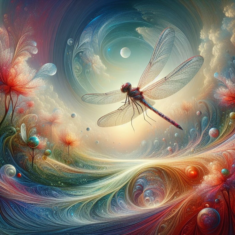Dragonfly Fantasy Art Print, Surreal Nature Wall Decor, Colorful ...