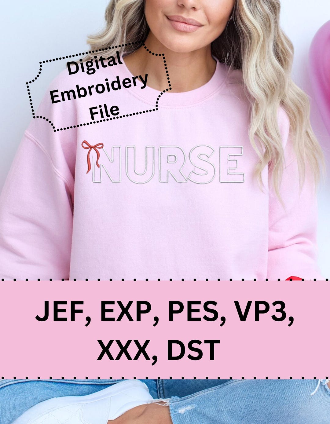 Digital NURSE With Bow Embroidery File Jef, Exp, Pes, Vp3, Xxx, Dst ...