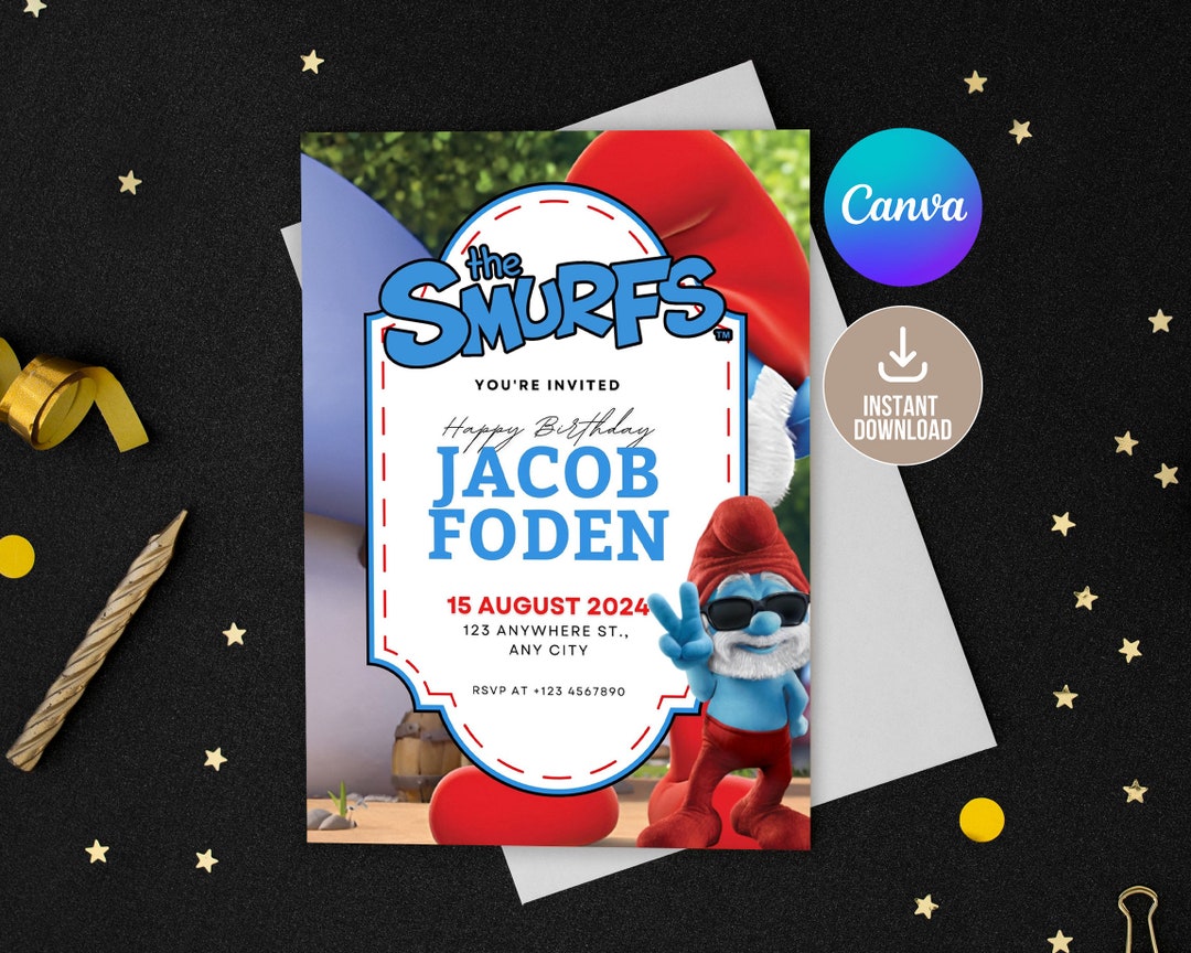 Editable the Smurf Birthday Invitation Digital,printable Smurf Birthday ...