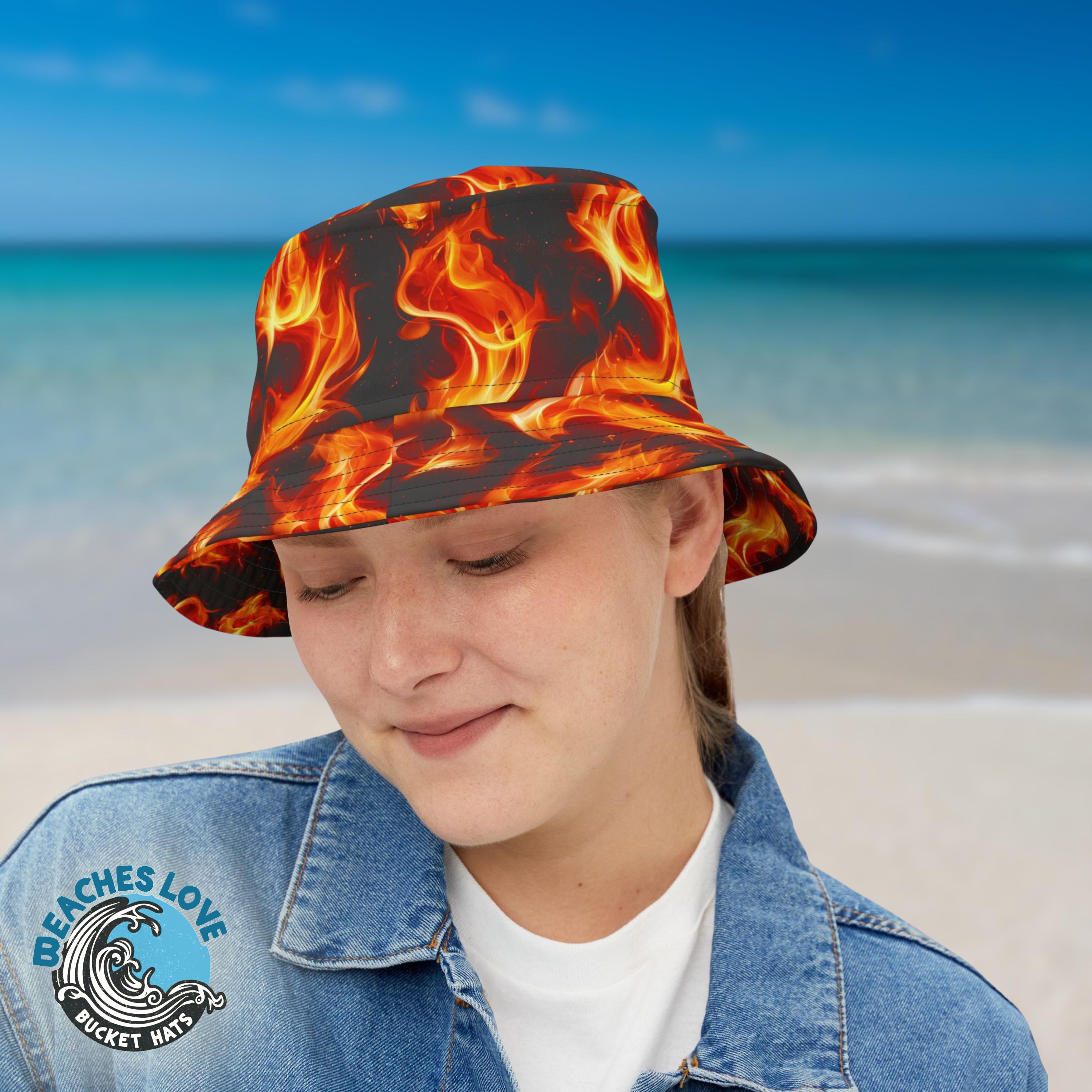 Flame Bucket Hat Fire Print Cap, Summer Headwear, Hip Hop Streetwear ...