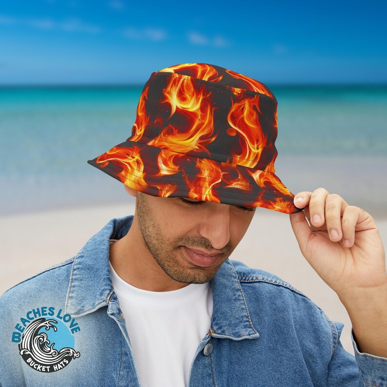 Flame Bucket Hat Fire Print Cap, Summer Headwear, Hip Hop Streetwear ...