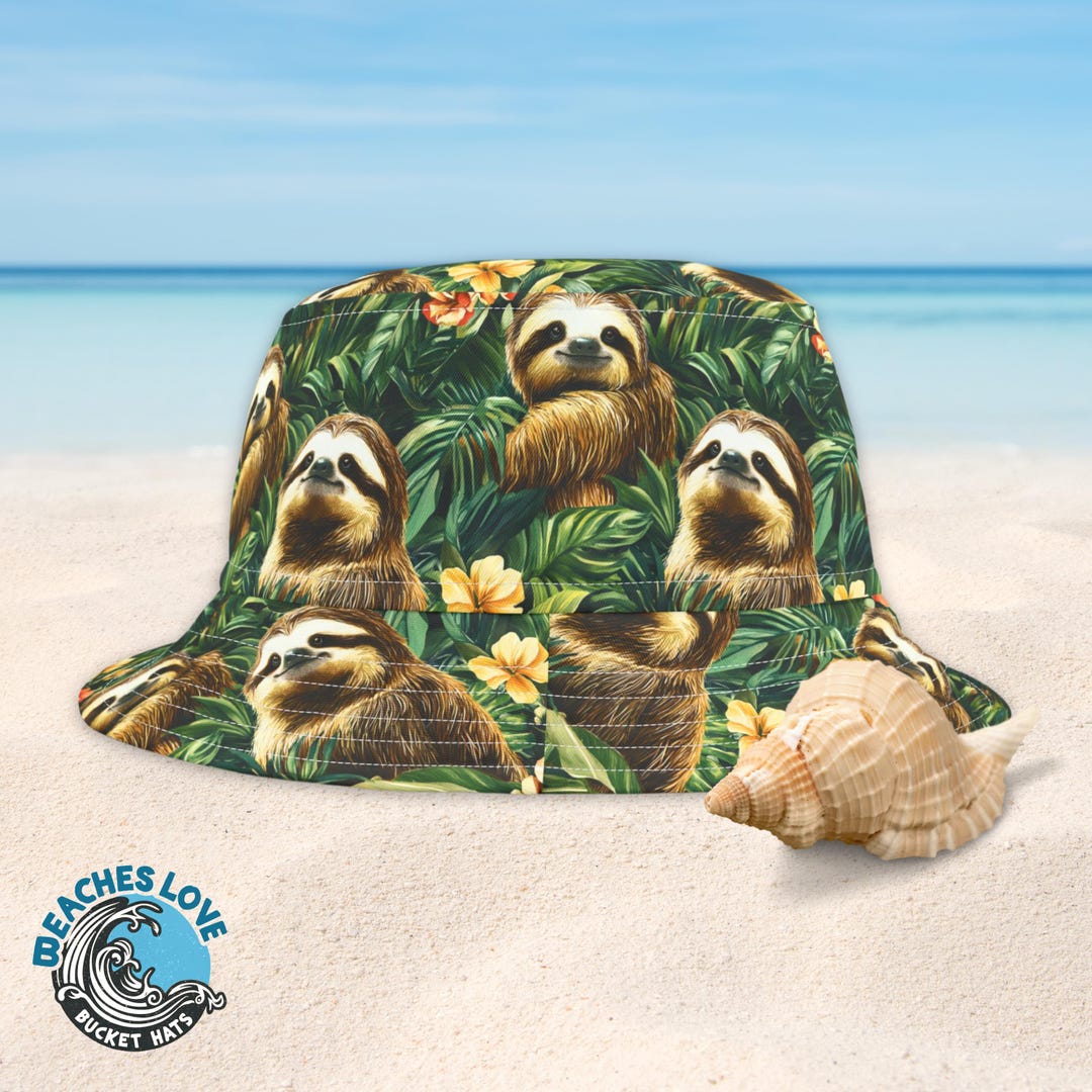 Sloth Bucket Hat- Sloths in Jungle Cap, Happy Animal Print Sun Hat ...
