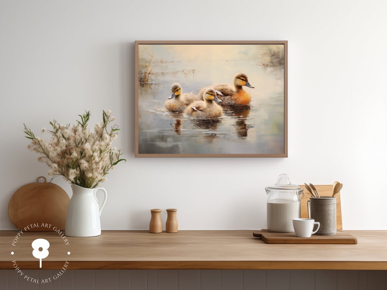 Cute Duck Pond Digital Painting, Enchanting Ducklings Muted Colours ...