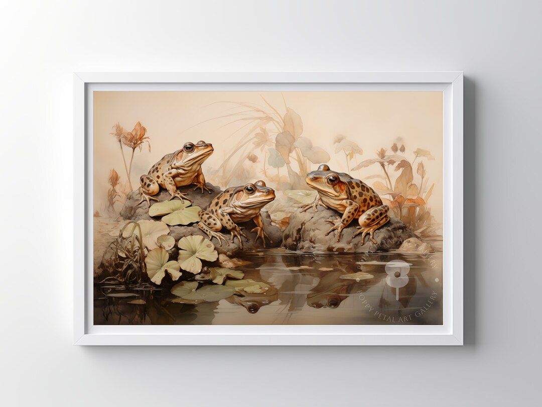 Frogs by a Pond Digital Painting, Enchanting Muted Colours, Vintage ...
