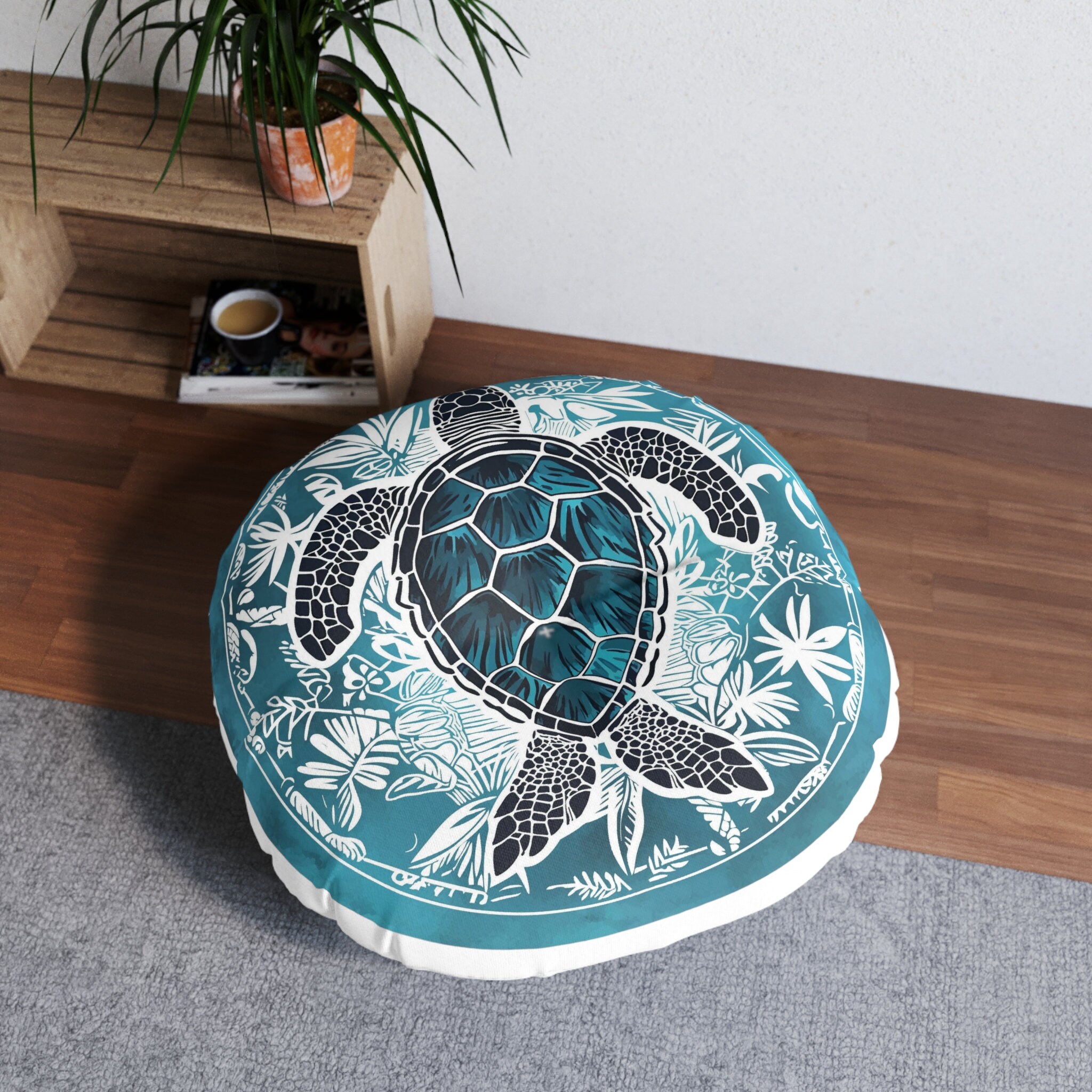 Aqua Marine Sea Turtle Tufted Floor Pillow, Round - Etsy