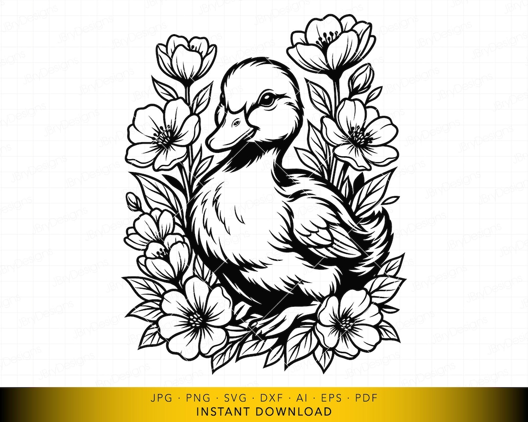Baby Duckling SVG, Floral Duck SVG, Baby Duckling With Flowers Cut File ...