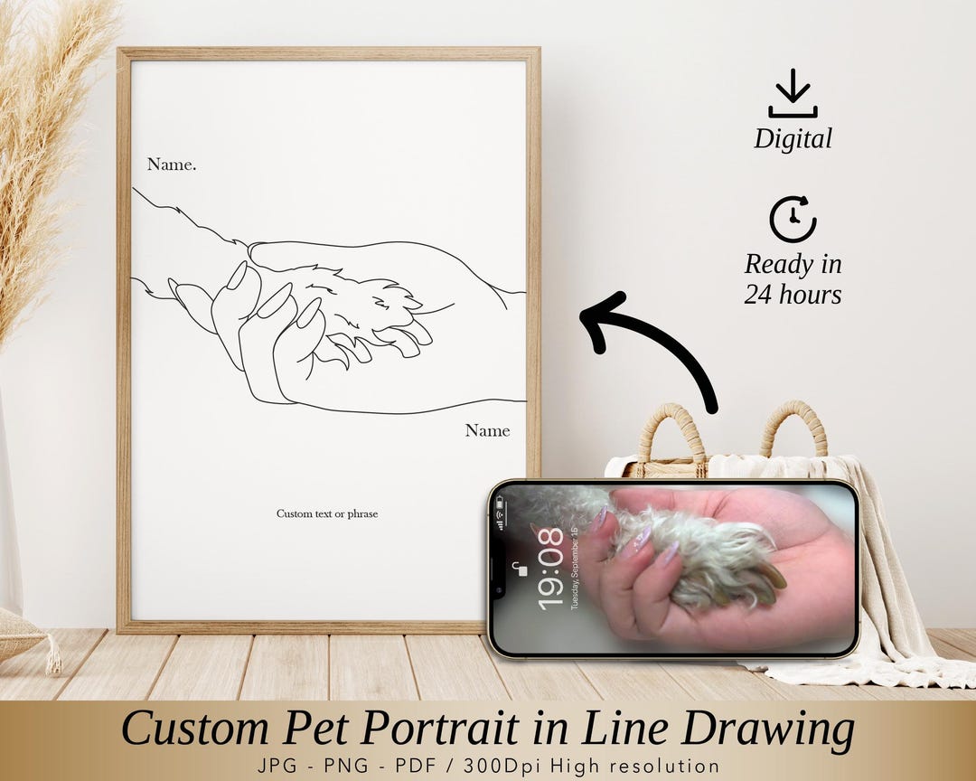 Custom Paw and Hand Line Art Portrait, Pet Line Art Illustration ...