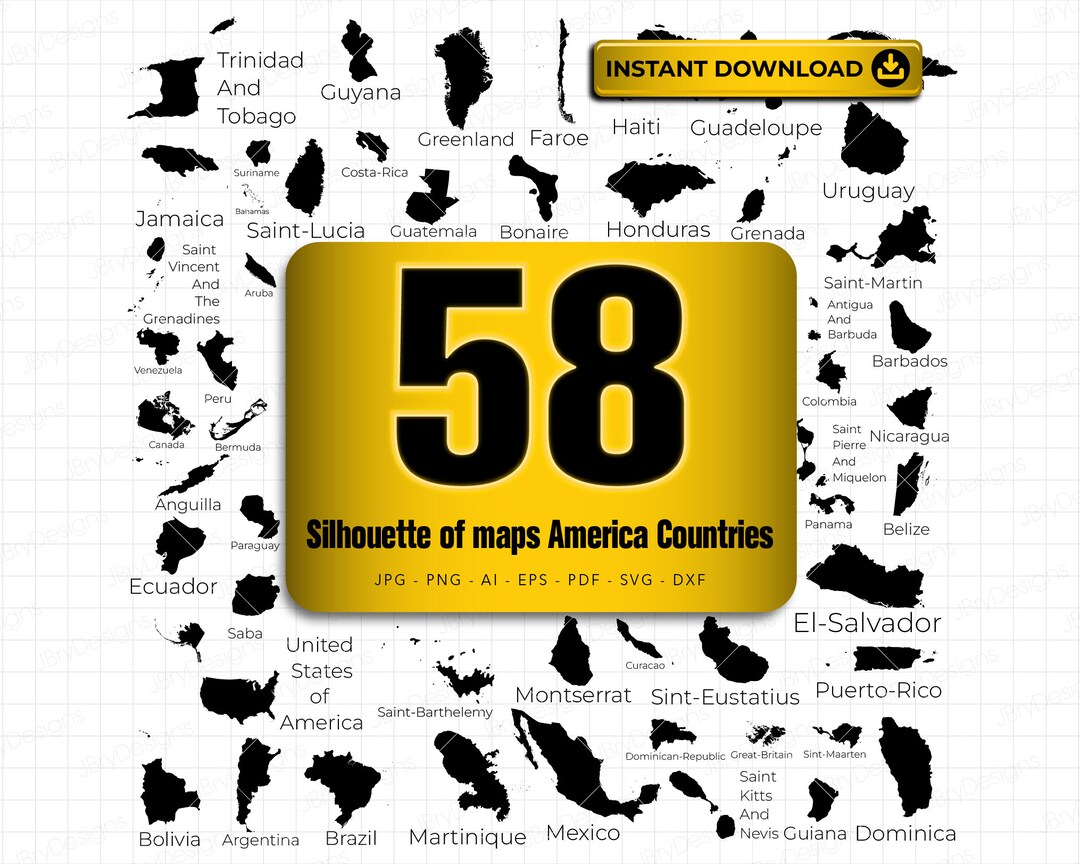 Map of America Svg, Pack 58 Silhouette of Countries Svg, Silhouette of ...
