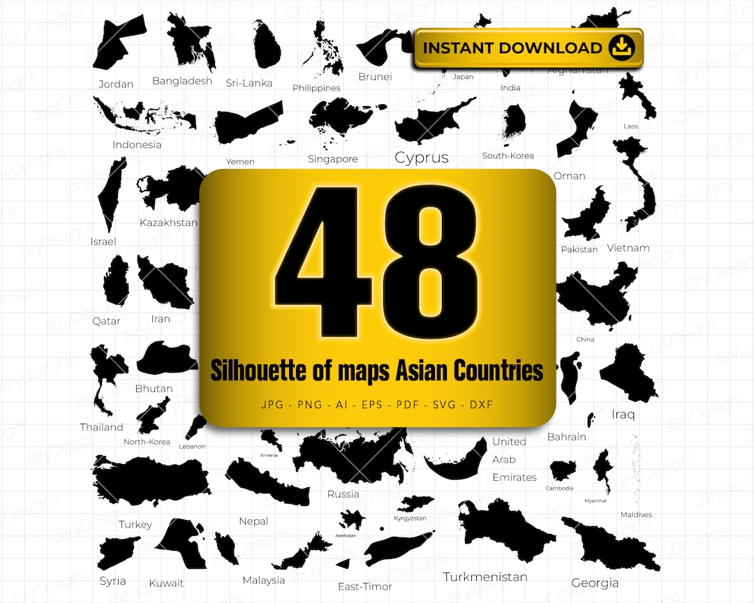 Asian Countries Svg, Pack 48 Silhouette of Countries Svg, Silhouette of ...