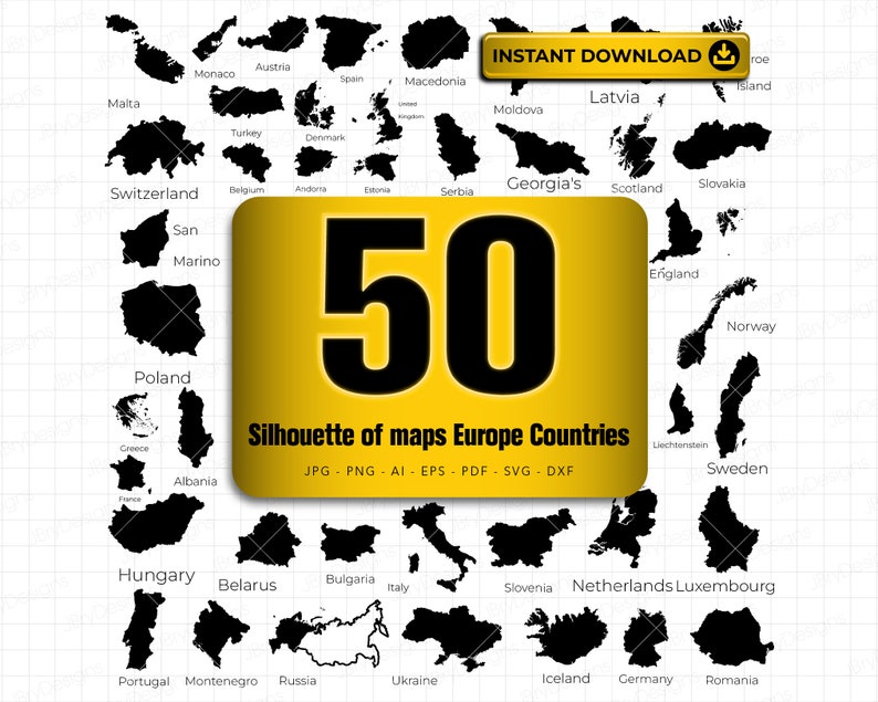 Europe Countries Svg, Pack 50 Silhouette of Countries Svg, Silhouette ...