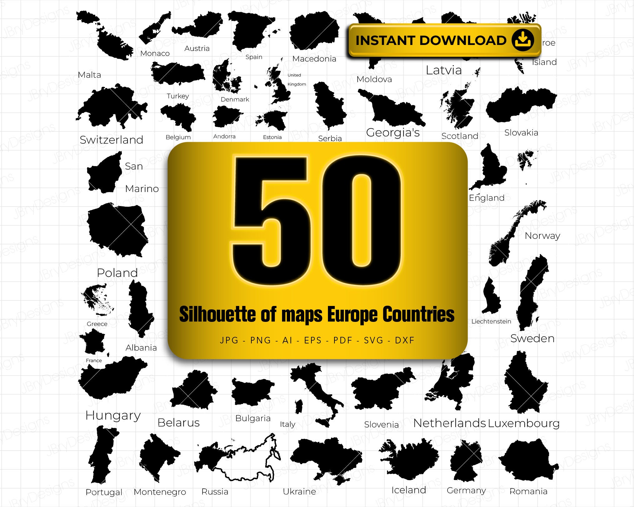 Europe Countries Svg, Pack 50 Silhouette of Countries Svg, Silhouette ...