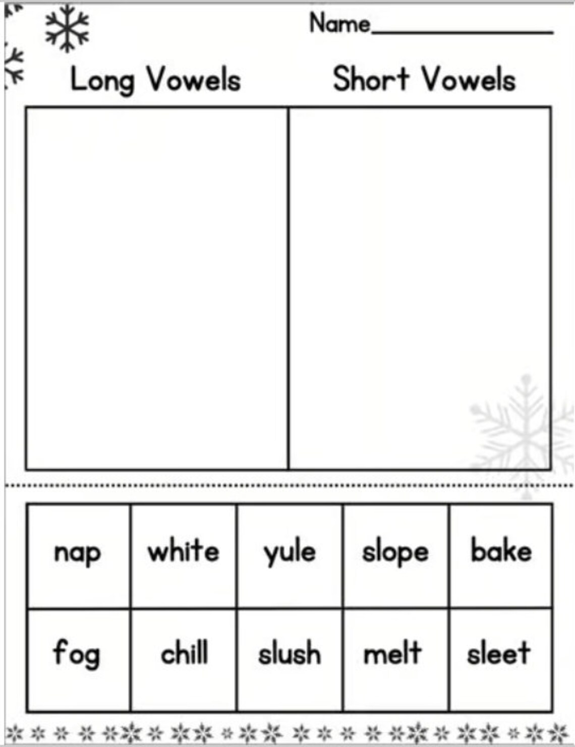 Short and Long Vowel Sort Worksheet Cut and Paste Phonics - Winter ...